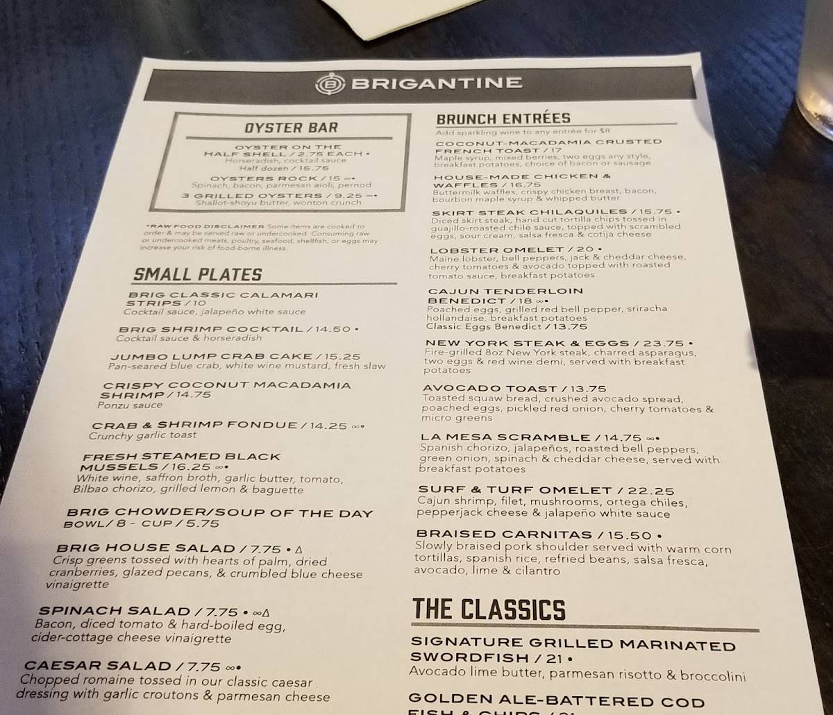 Menu at Brigantine Seafood & Oyster Bar, La Mesa, Fuerte Dr