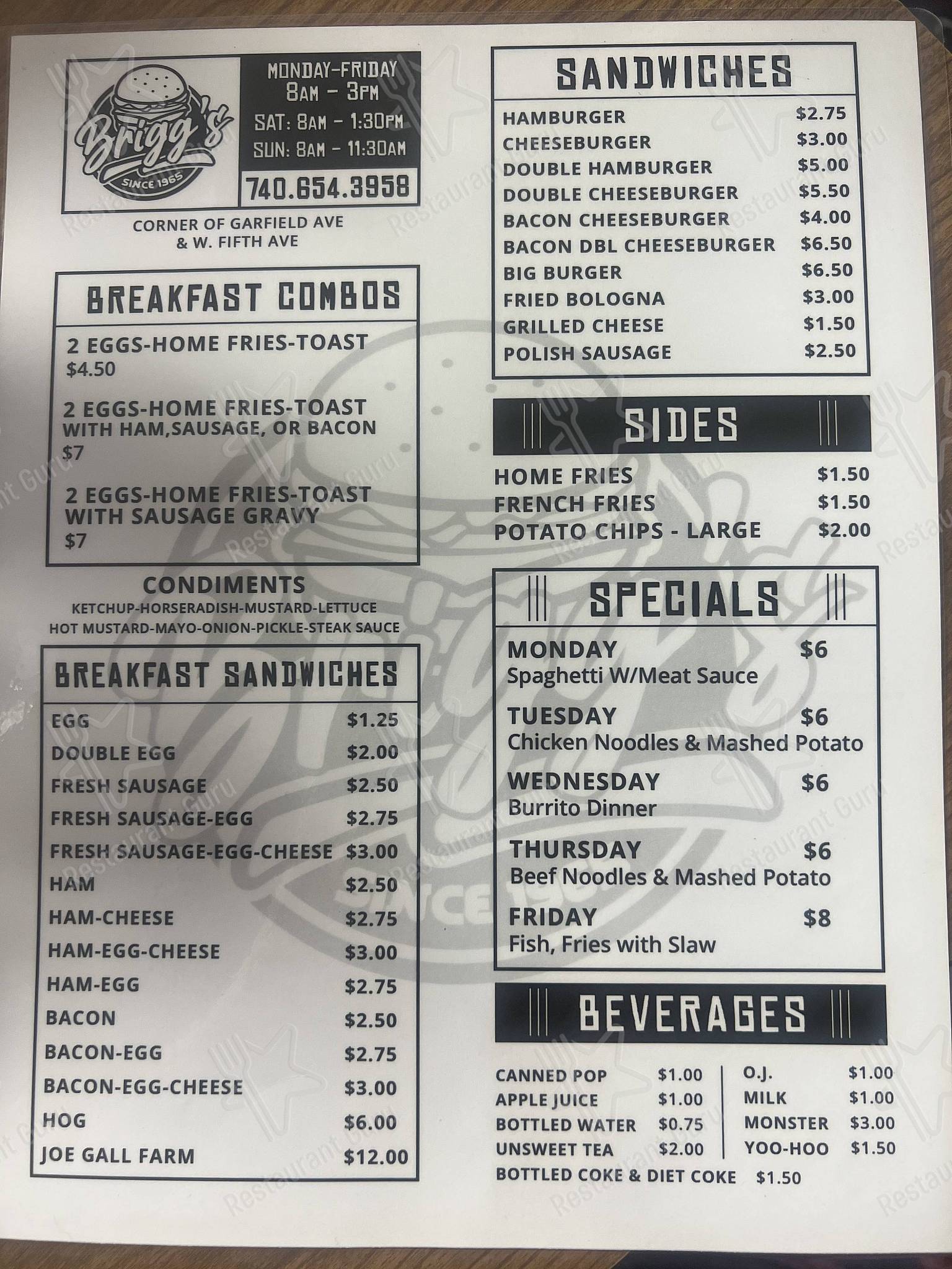 Menu at Brigg's Sandwiches restaurant, Lancaster
