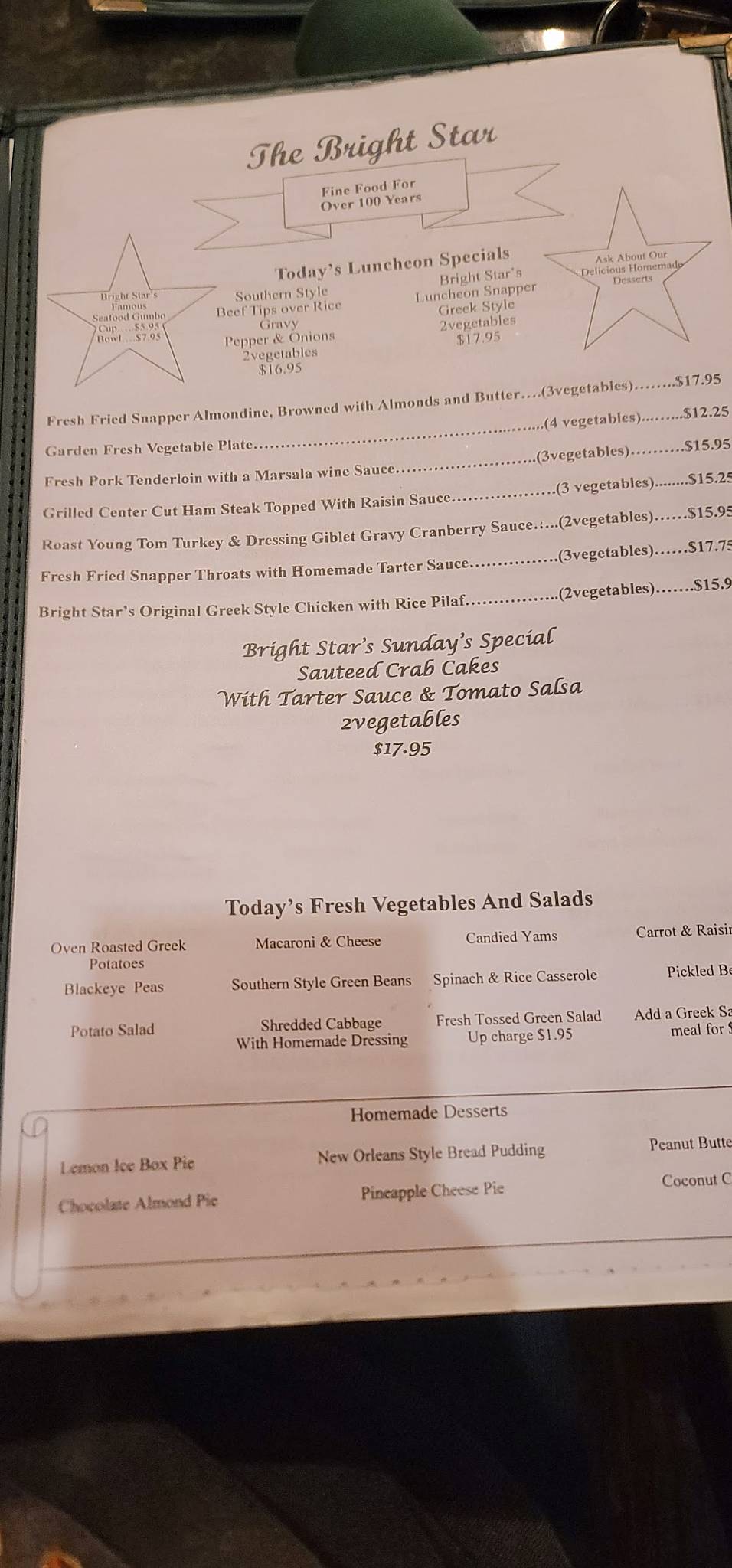 Menu at Bright Star Restaurant, Bessemer, 304 19th St N