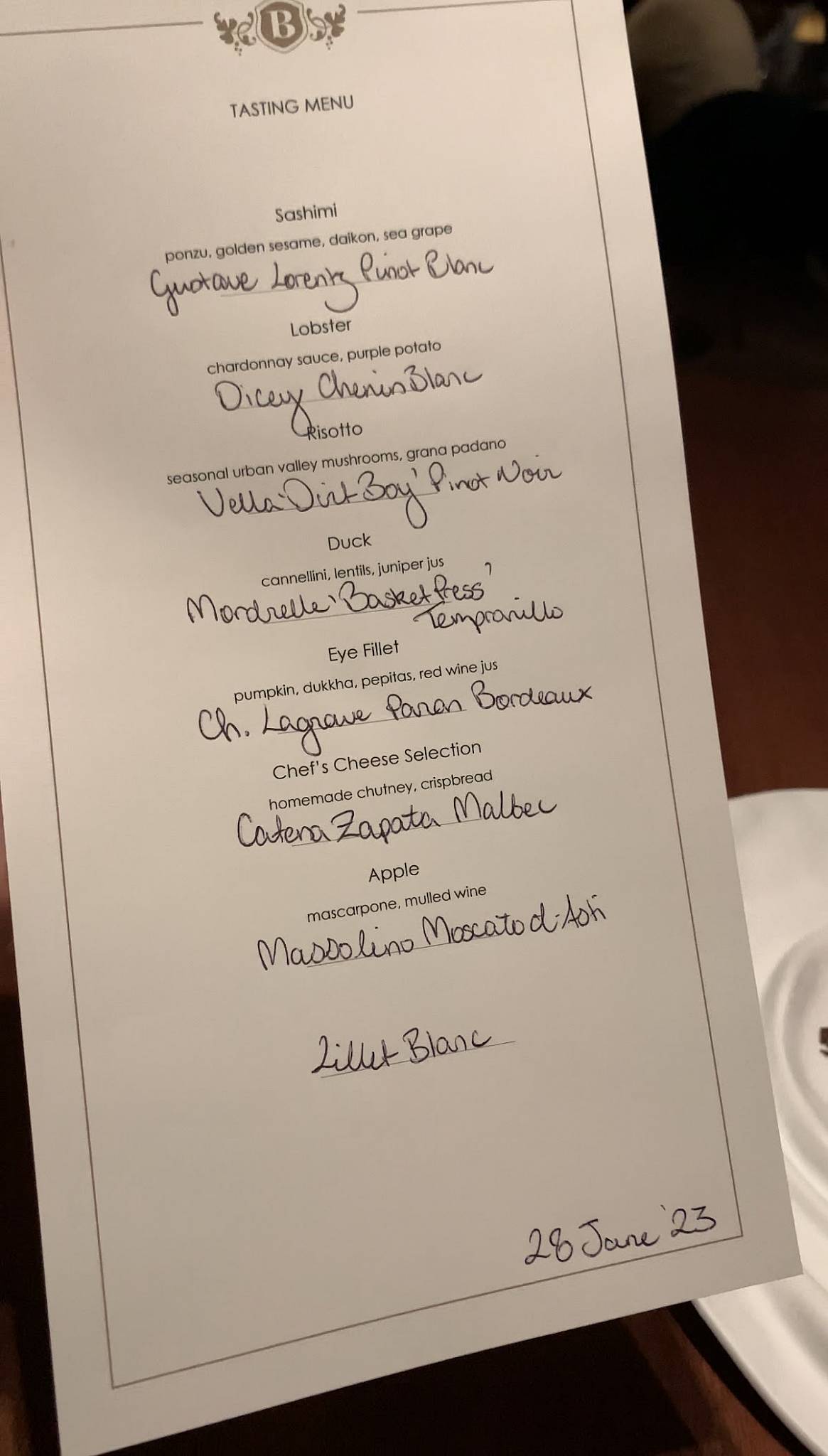 Menu at Bacchus restaurant, South Brisbane, Podium Level