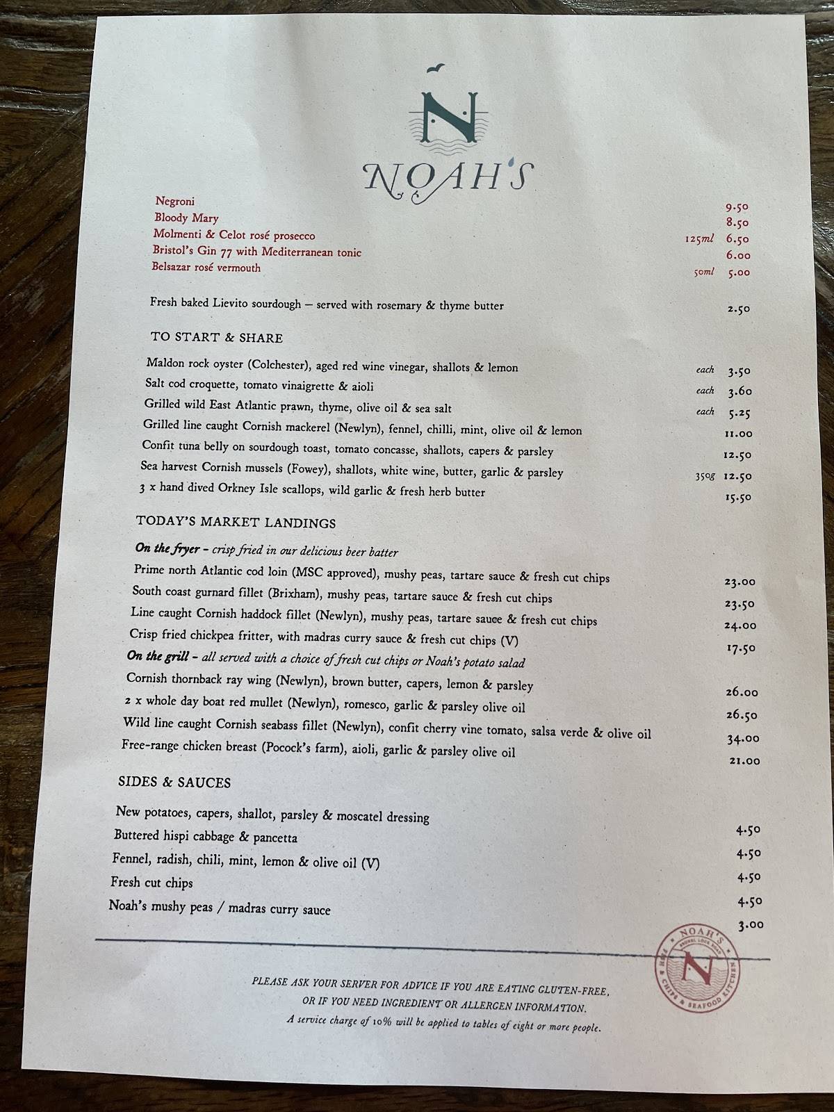 Menu at Noah's restaurant, Bristol