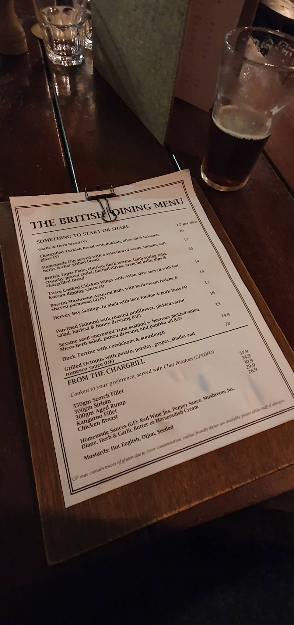 Menu at British Hotel pub & bar, North Adelaide