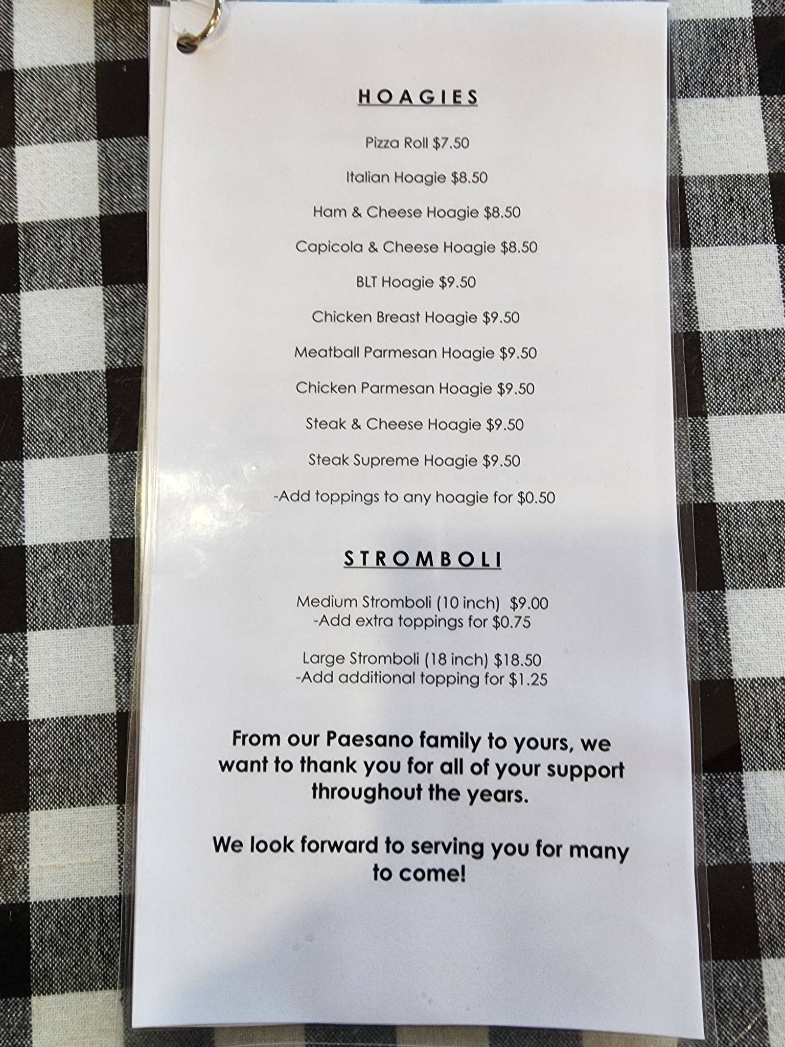 Menu at Paesano Pizza pizzeria, Brockway