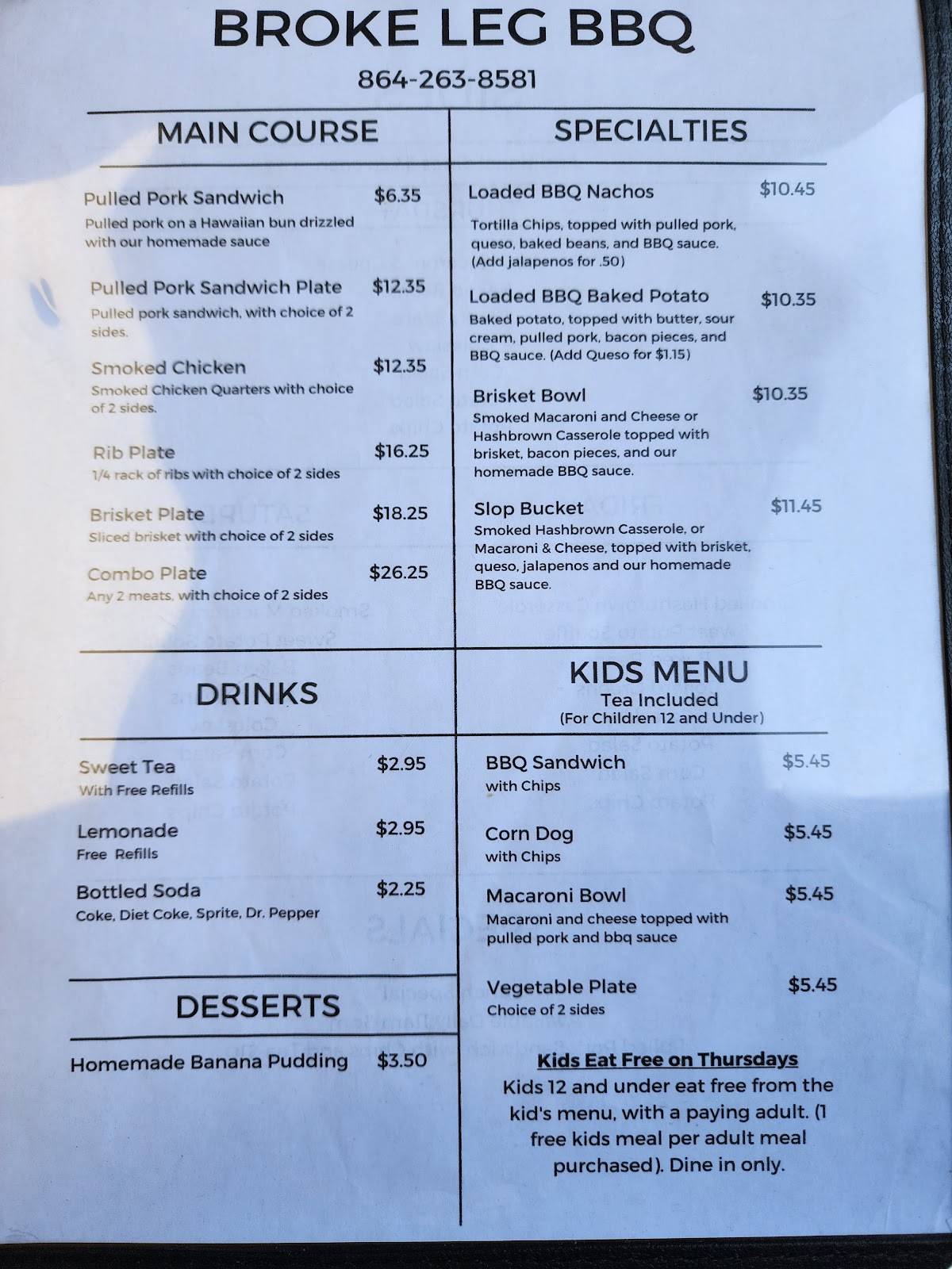 Menu at Broke Leg BBQ LLC, Pickens
