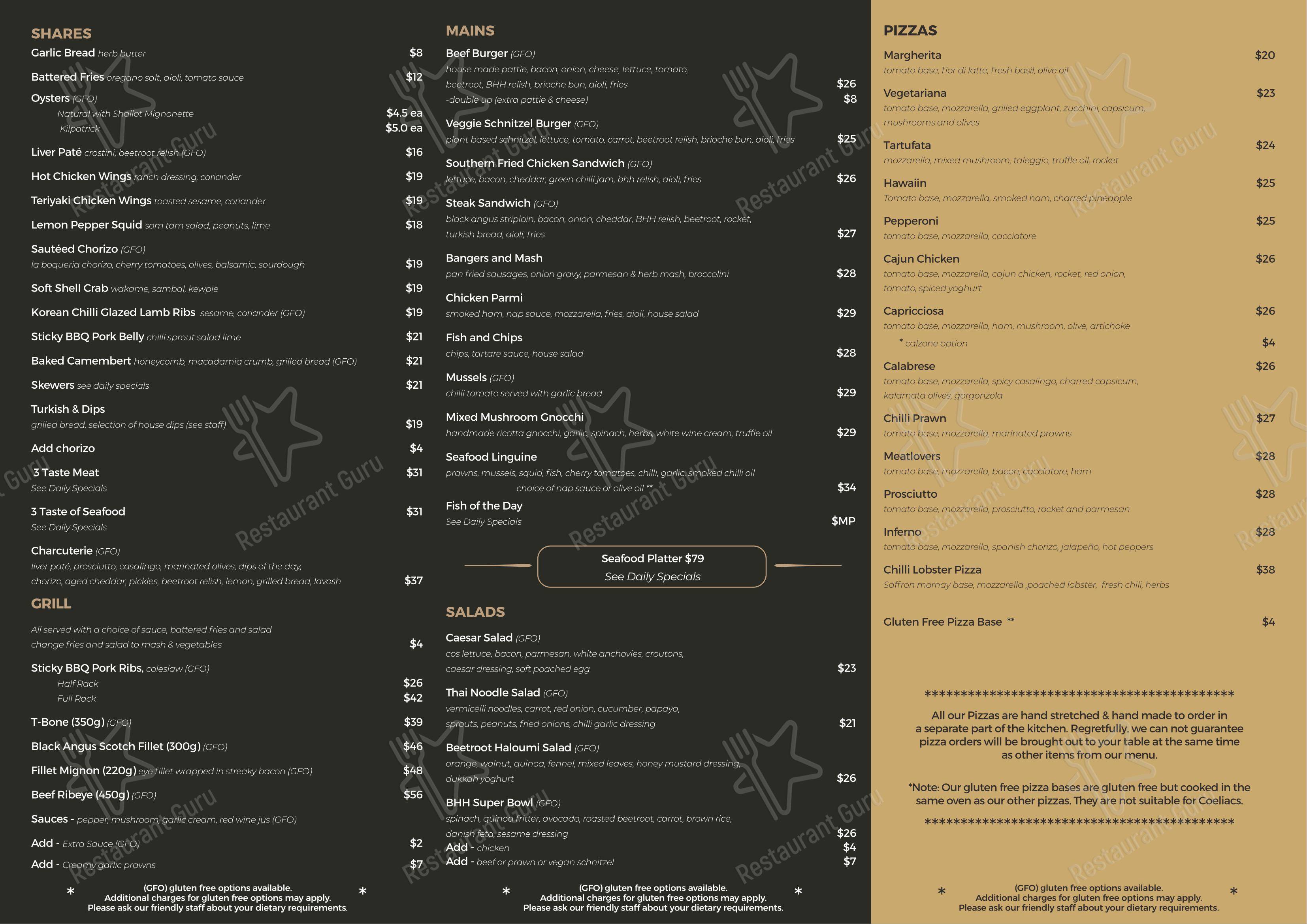 Menu at Broken Hill Hotel pub & bar, Victoria Park
