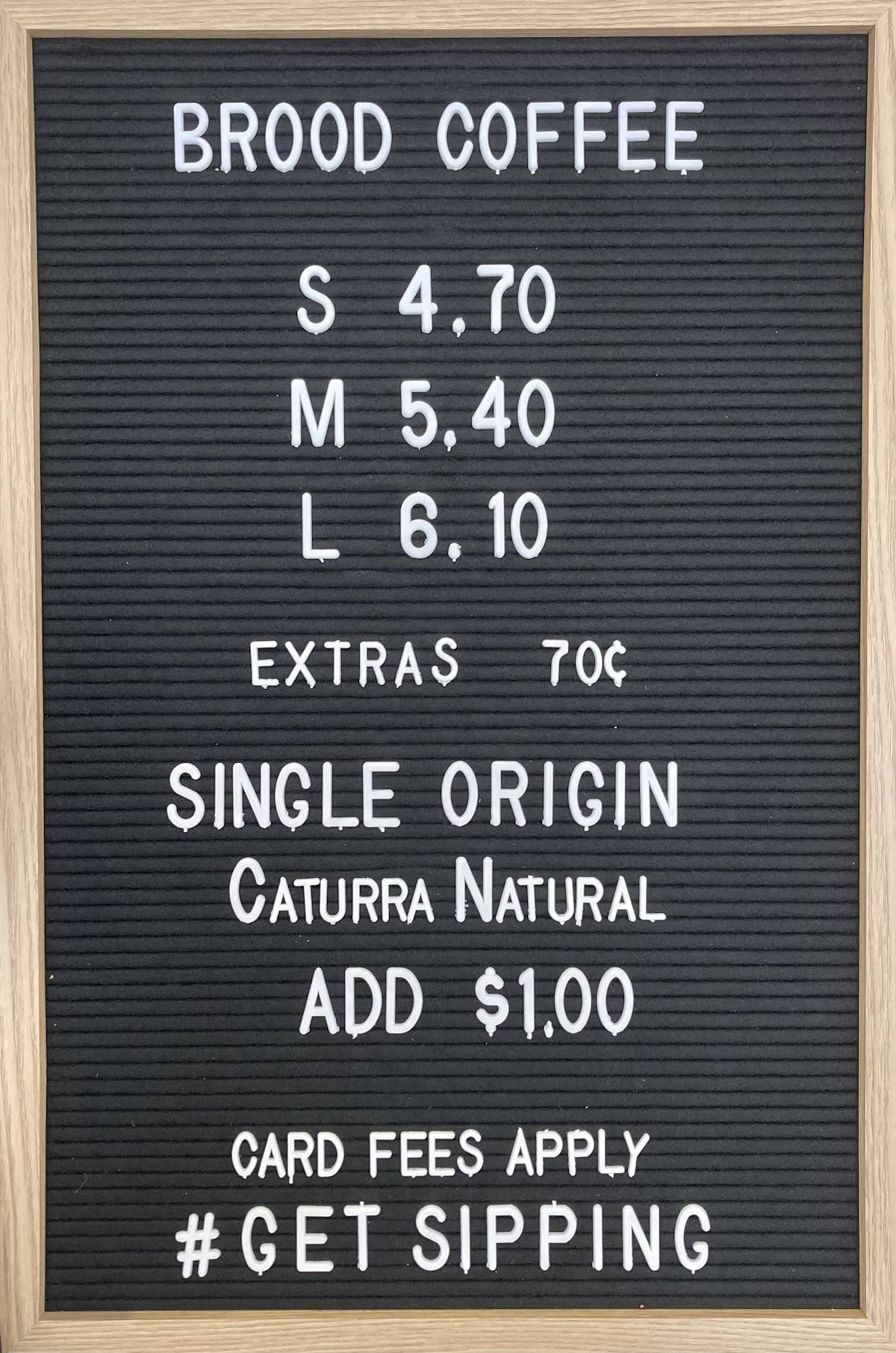 Menu at Brood Coffee cafe, North Toowoomba