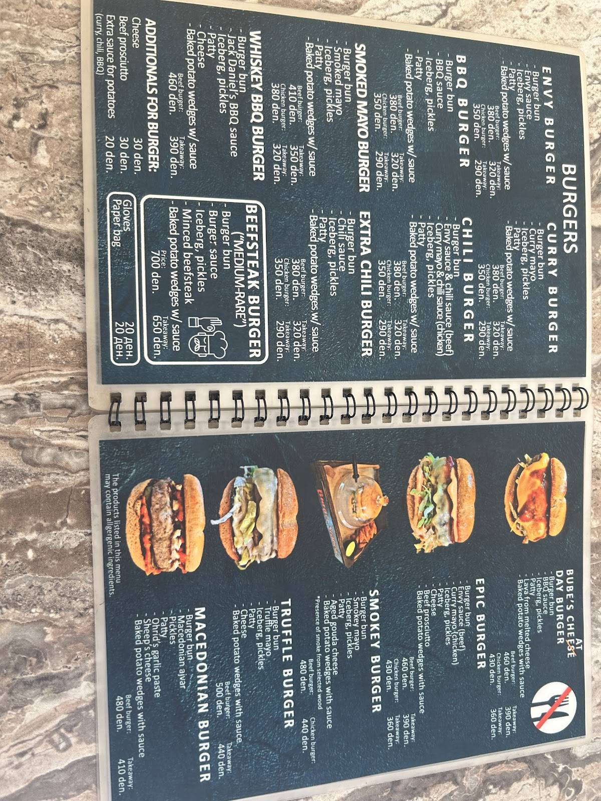 Menu at Bro's Burger Station restaurant, Ohrid