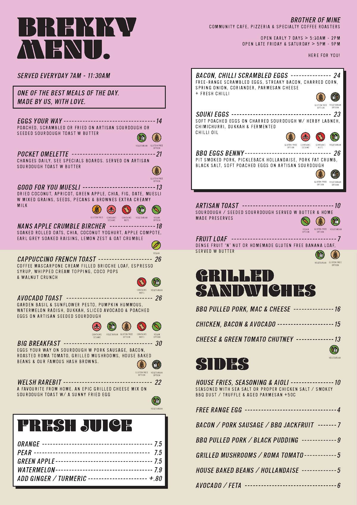 Menu at Brother of Mine Cafe, Baldivis