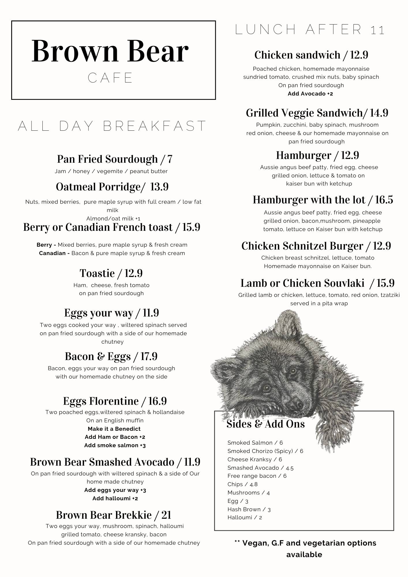 Menu at Brown Bear Cafe, Preston