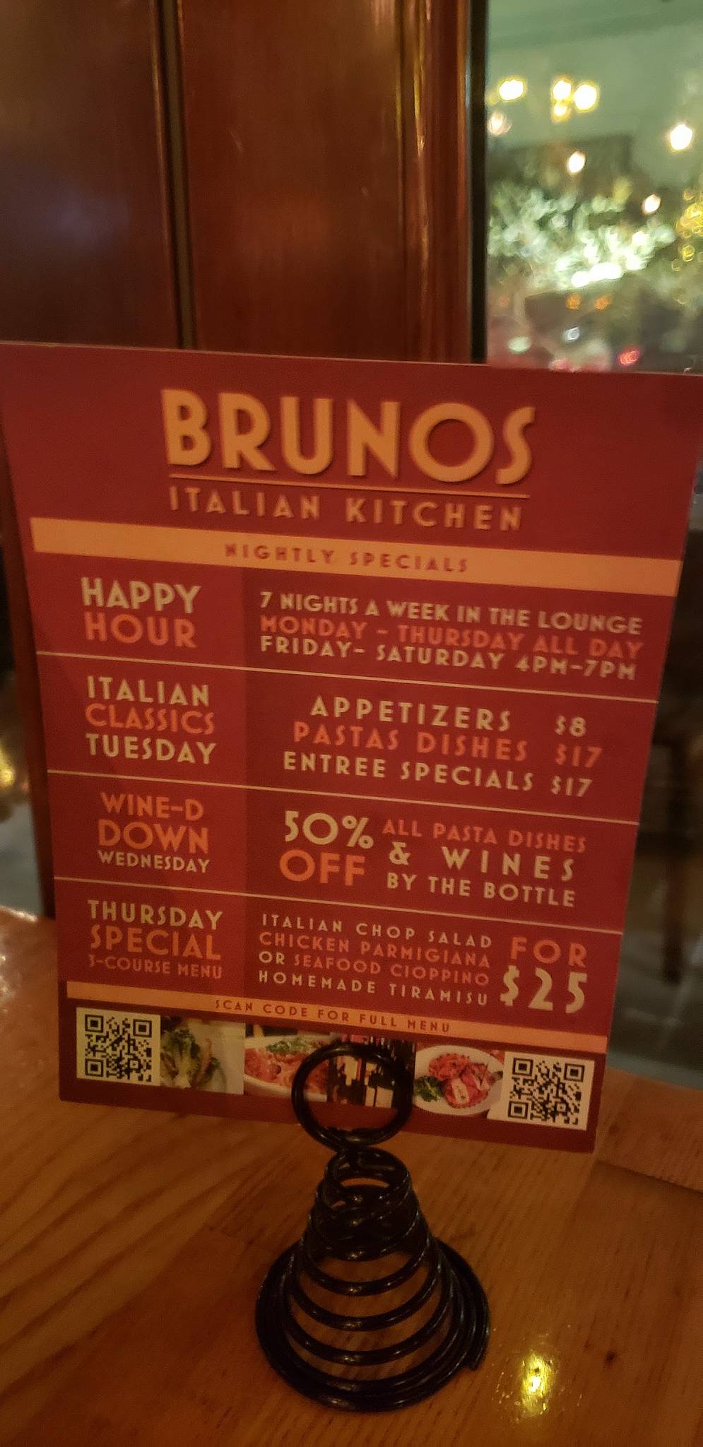 Menu at Brunos Italian Kitchen restaurant, Brea