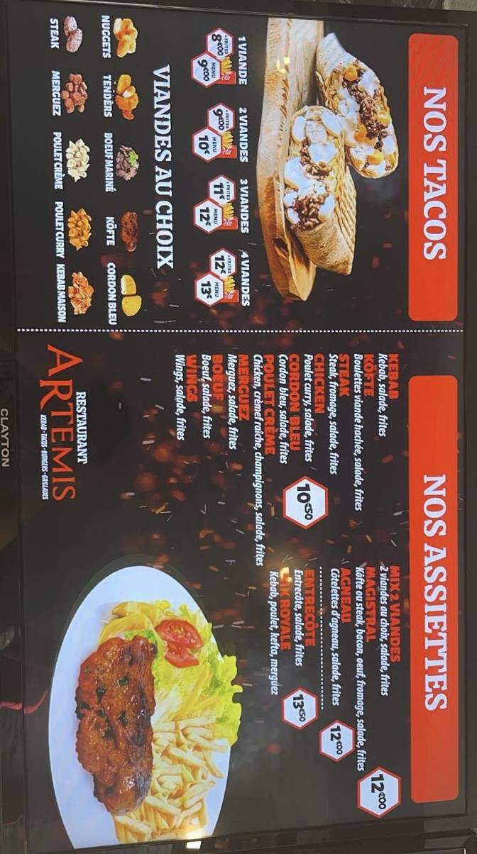 Menu au Bu Restaurant Artemis Kebab Tacos Burger, Bû