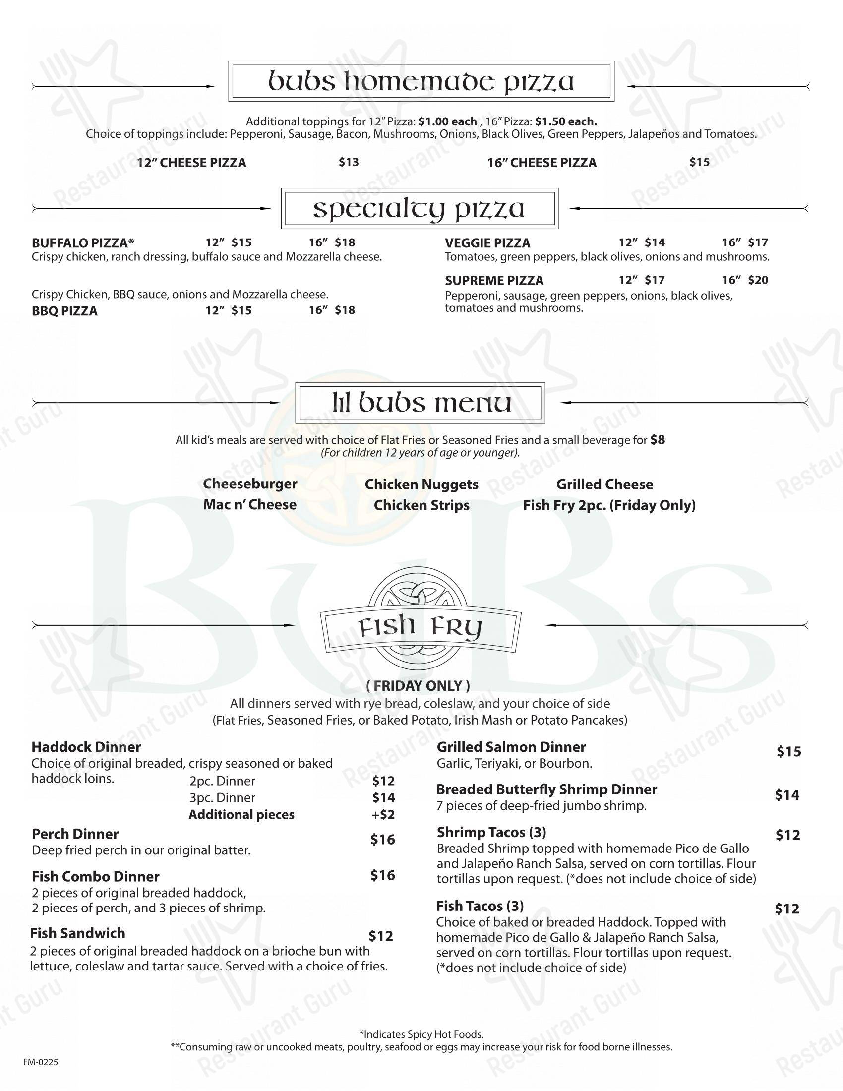 Menu at Bubs Irish Pub, Germantown