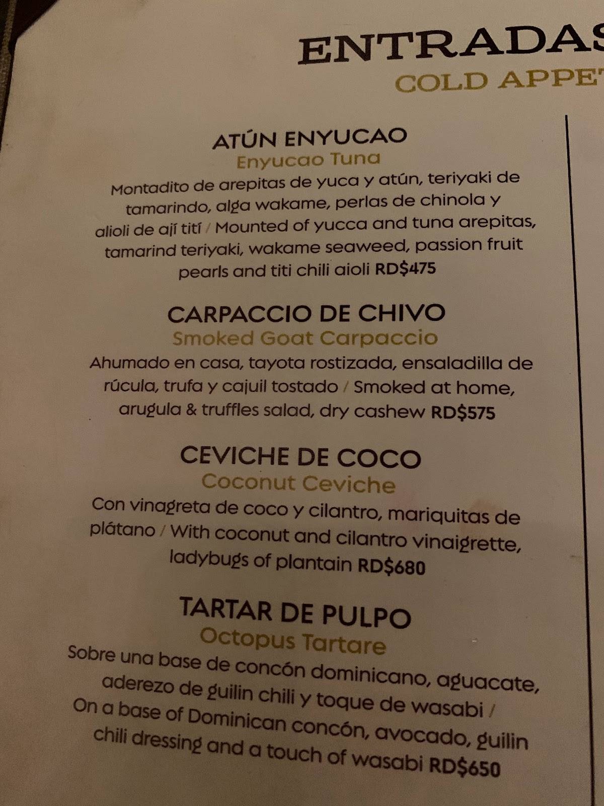 Menu at Buche Perico restaurant, Santo Domingo, C. El Conde 53