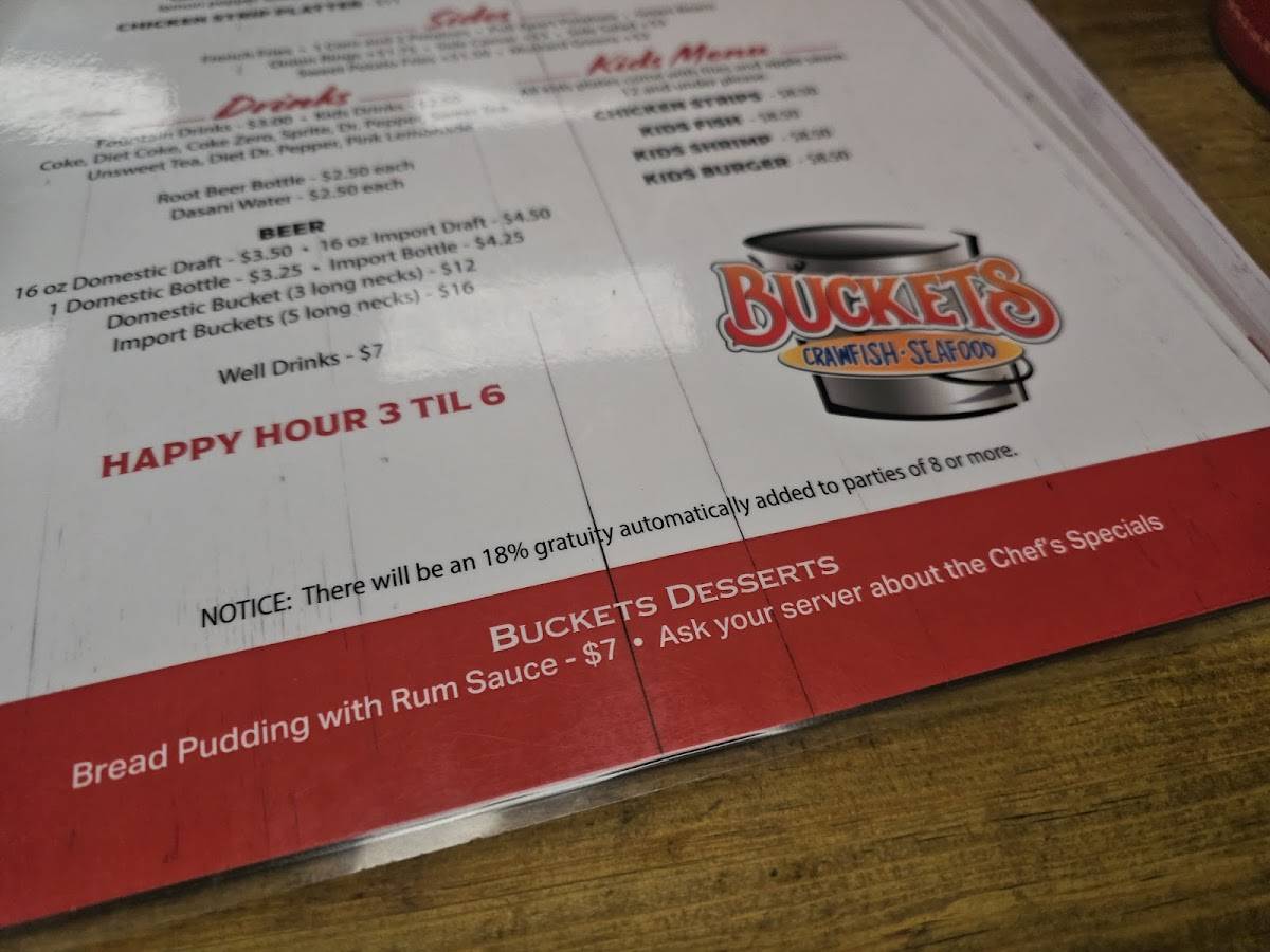 Menu at Buckets Crawfish and Seafood restaurant, Pineville