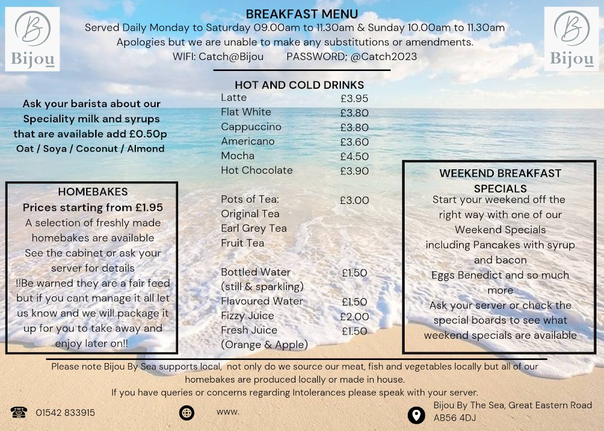Menu at Bijou by the Sea restaurant, Buckie