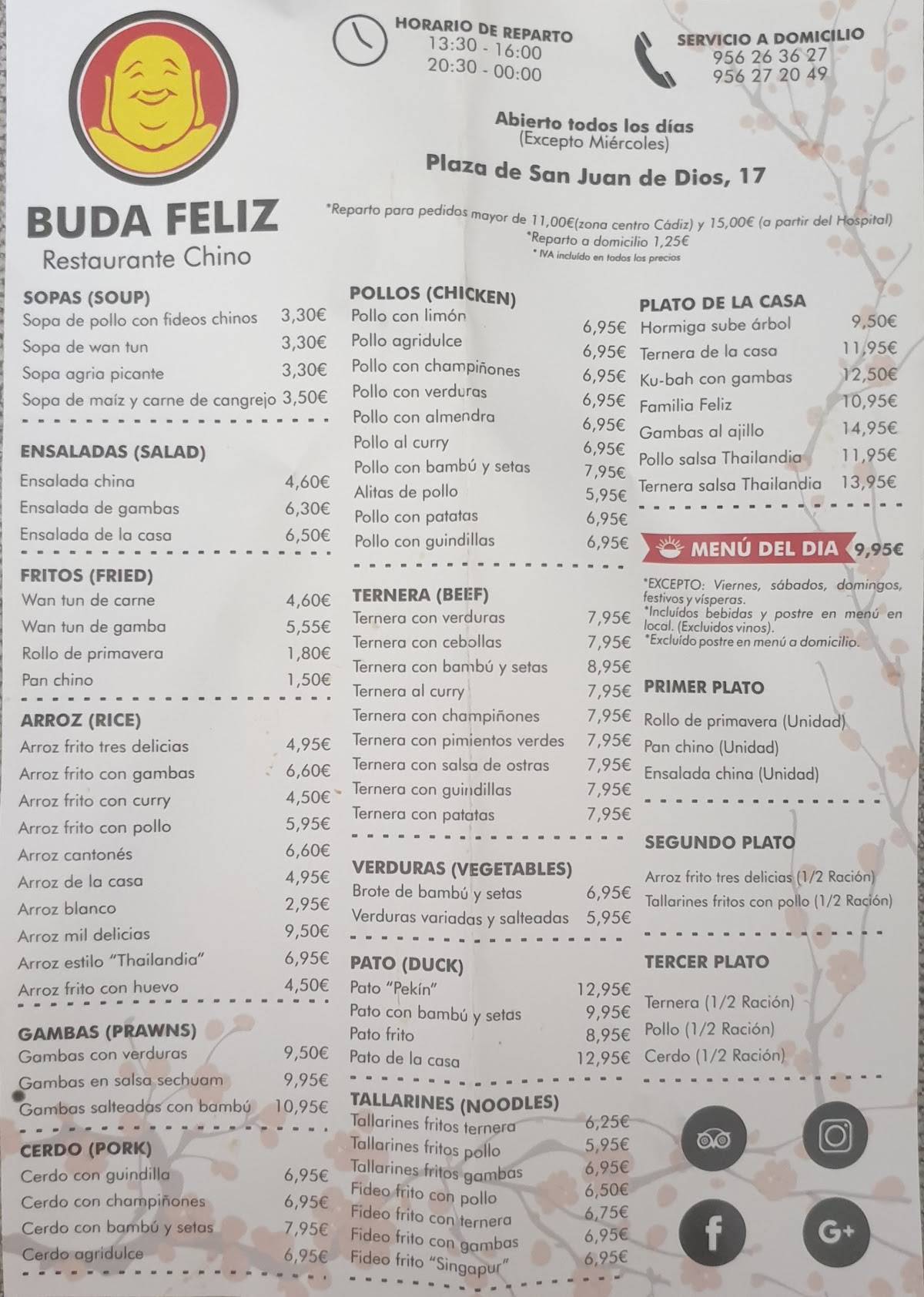Carta del restaurante Buda Feliz, Cádiz