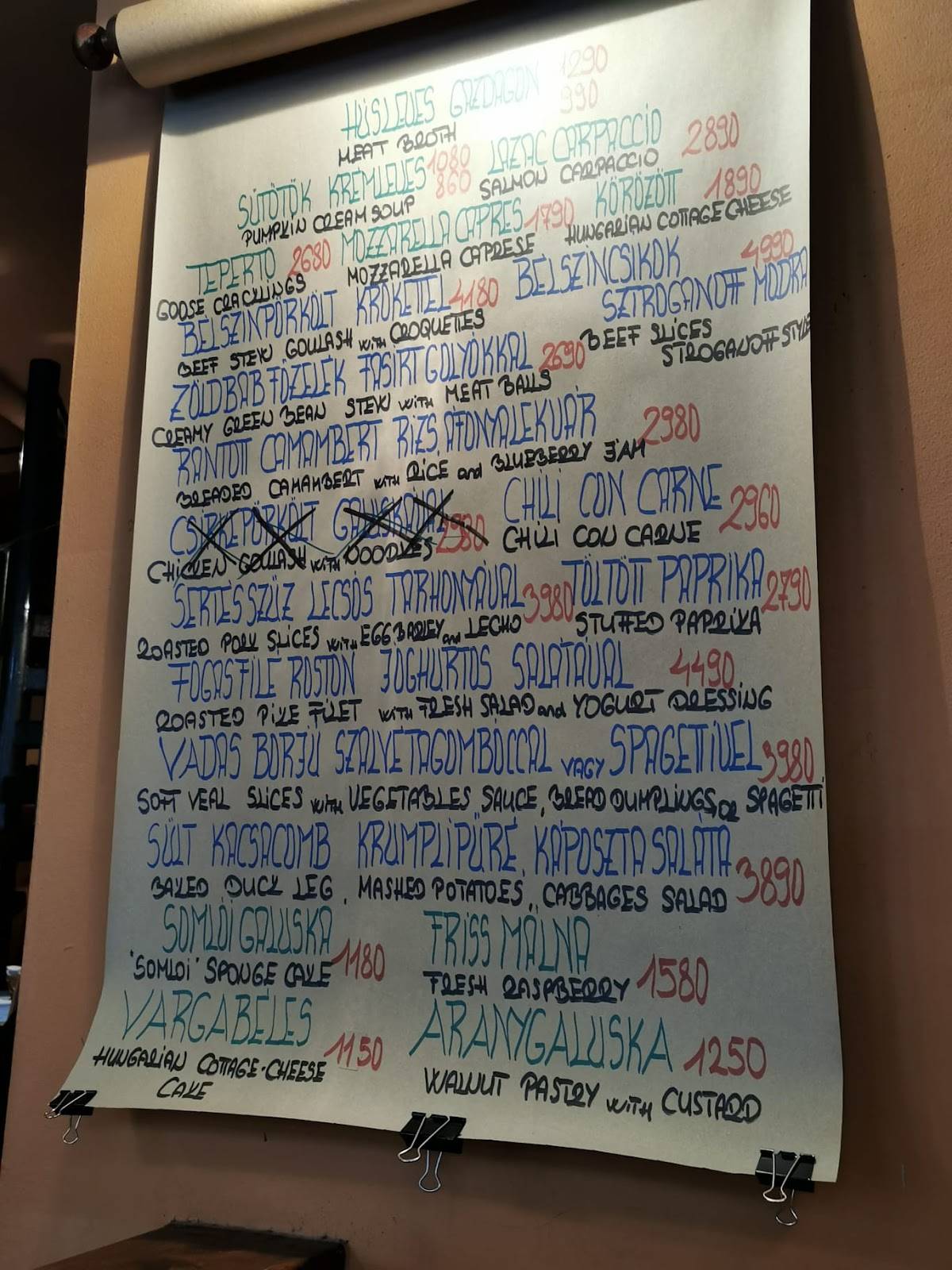 Menu at Café Kör restaurant, Budapest