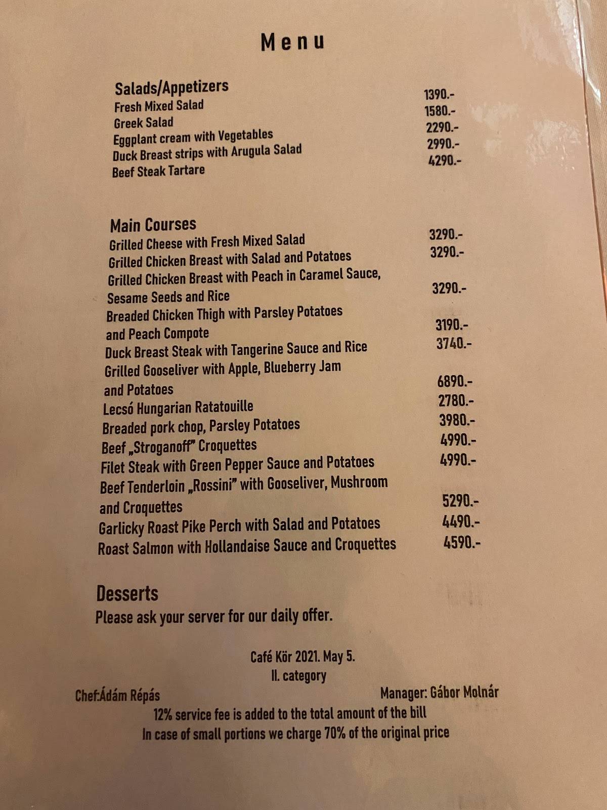 Menu at Café Kör restaurant, Budapest