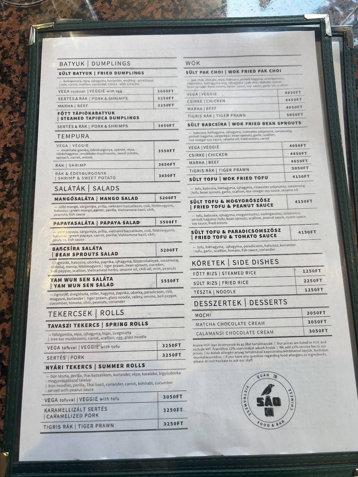 Menu at Sáo food&bar, Budapest