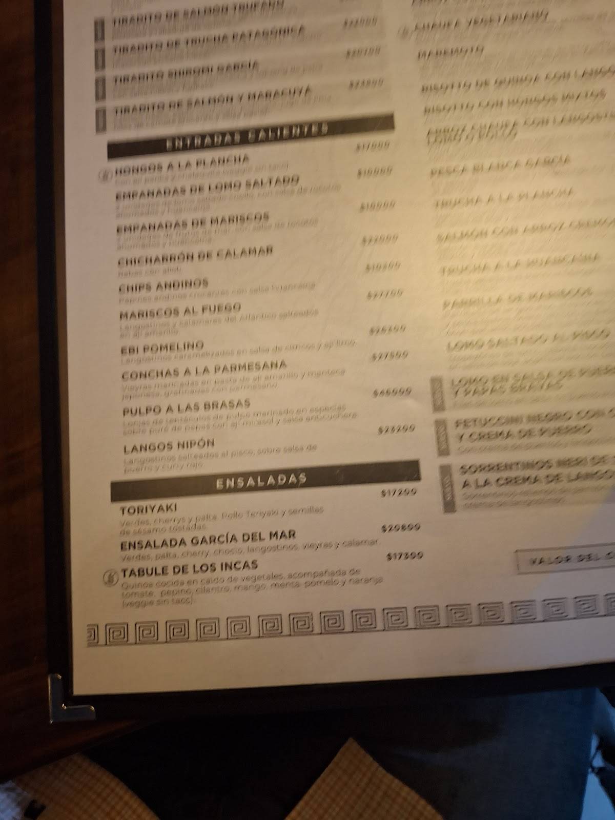 Carta del restaurante García del Mar, Buenos Aires