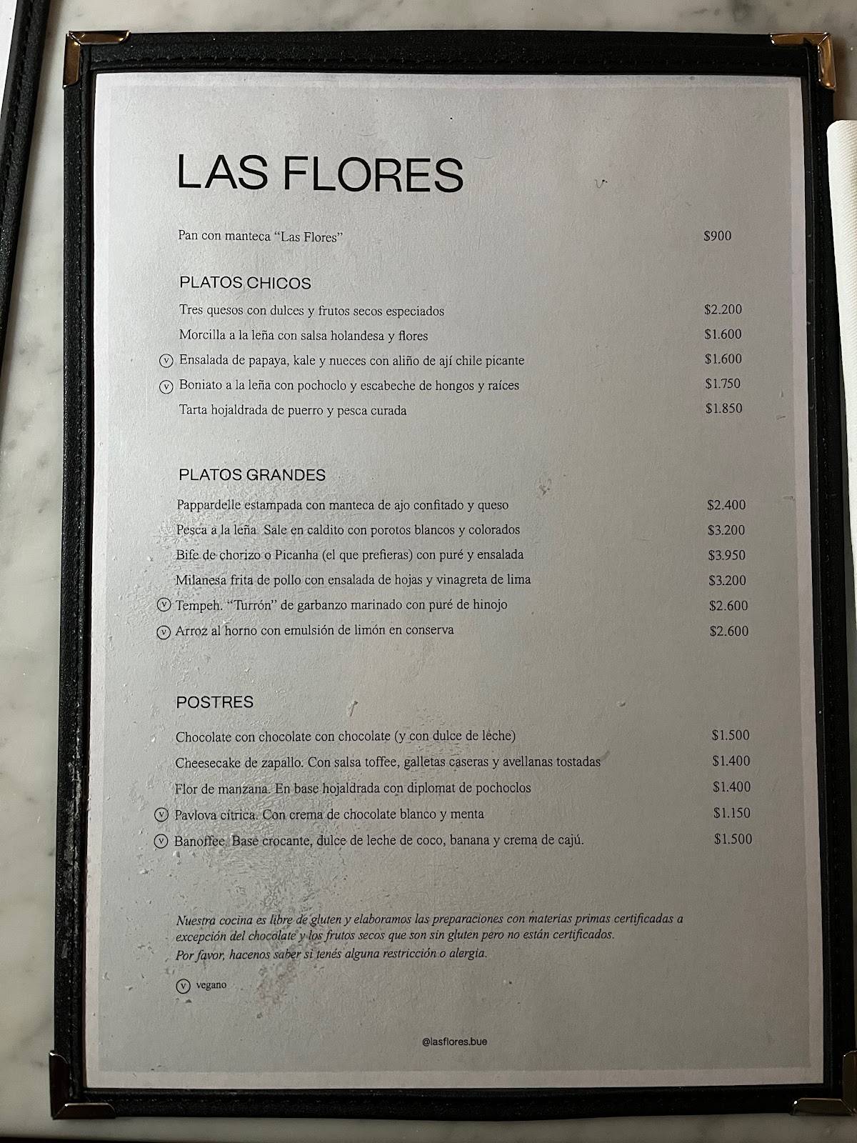 Carta del restaurante Las Flores, Buenos Aires