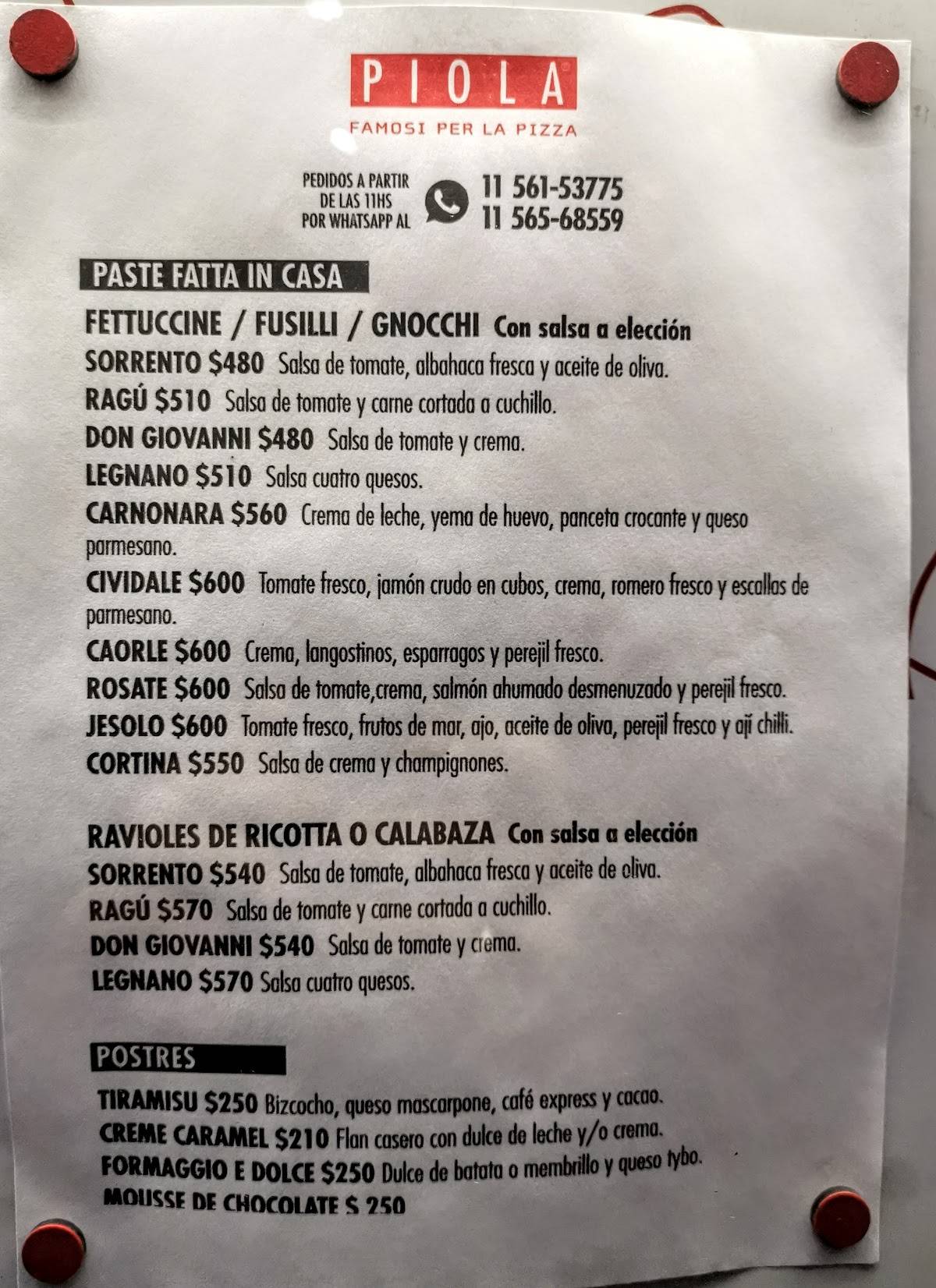 Carta de pizzería Piola, Buenos Aires, Libertad 1078
