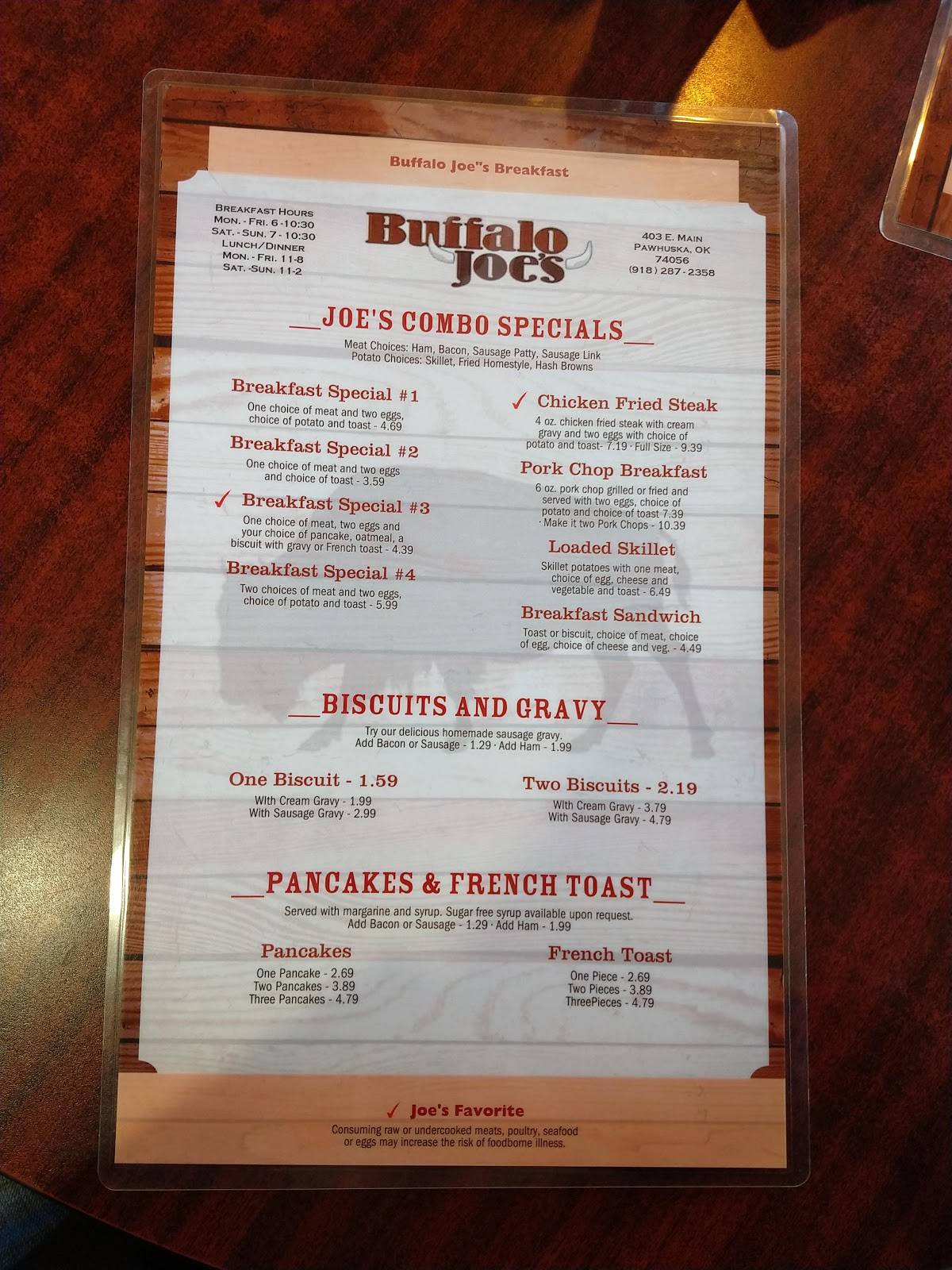 Menu at Buffalo Joe's Drive In restaurant, Pawhuska