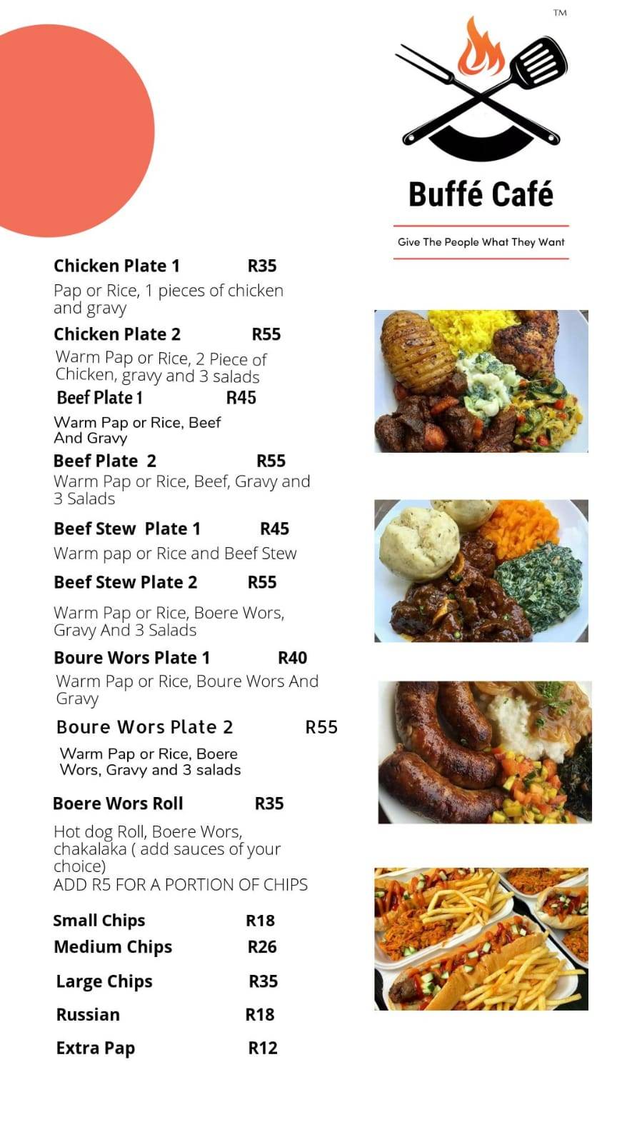 Menu at Buffé Café restaurant, Pretoria