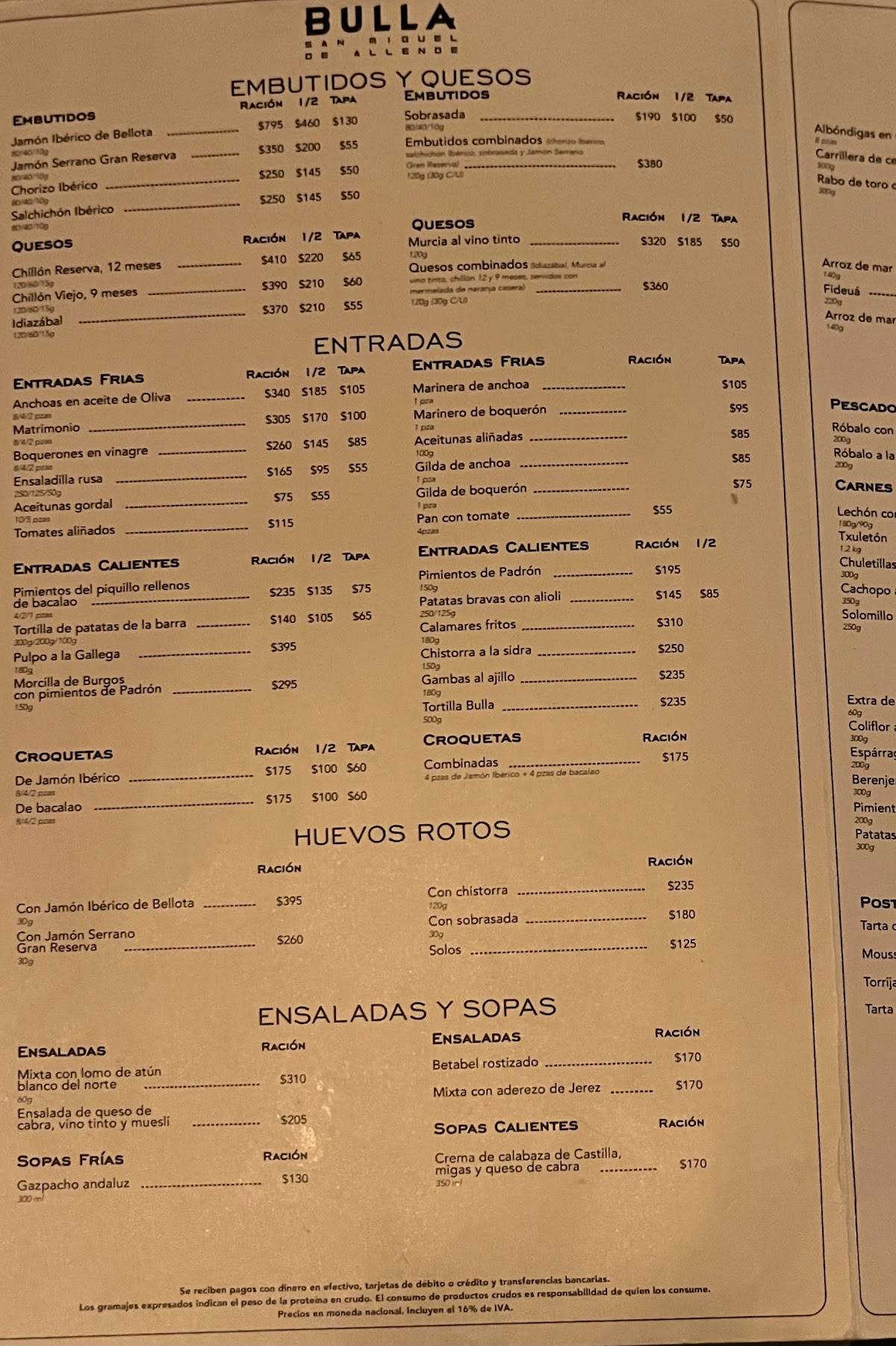 Carta del pub y bar Bulla San Miguel del Allende, San Miguel del Allende