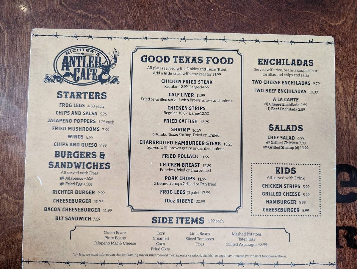 Menu at Richter's Antler Cafe, Spring Branch