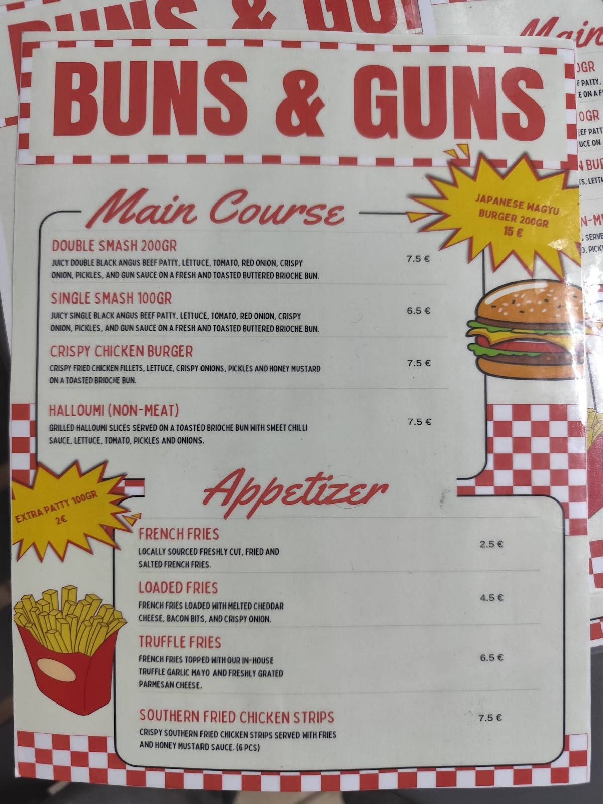Menu at Buns and Guns, Pyla