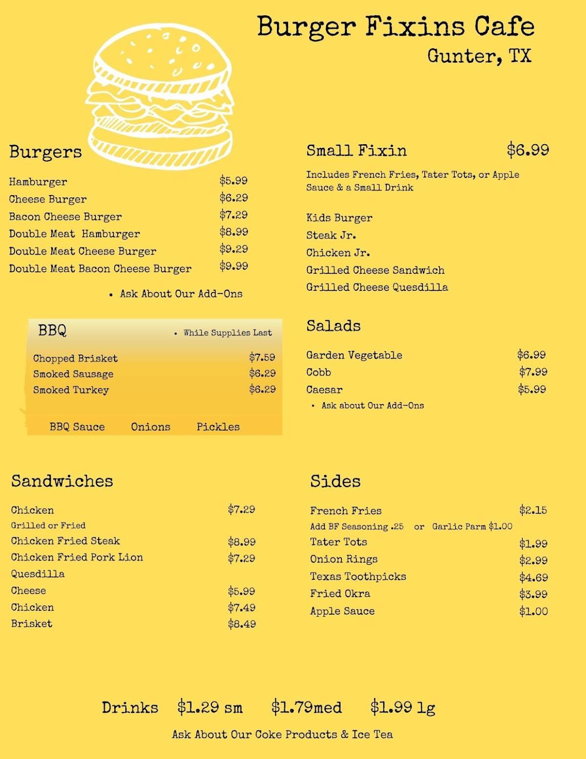 Menu at Burger Fixins Cafe, Gunter