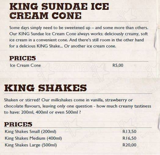 Menu at Burger King restaurant, Outer West Durban