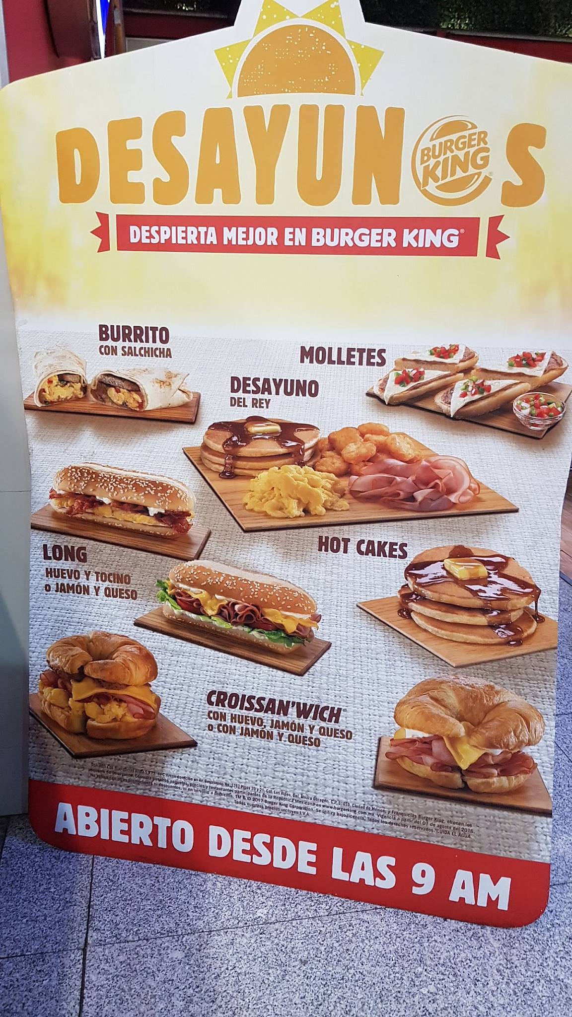 Carta del restaurante Burger King, Ciudad del México, Plaza Exhibimex