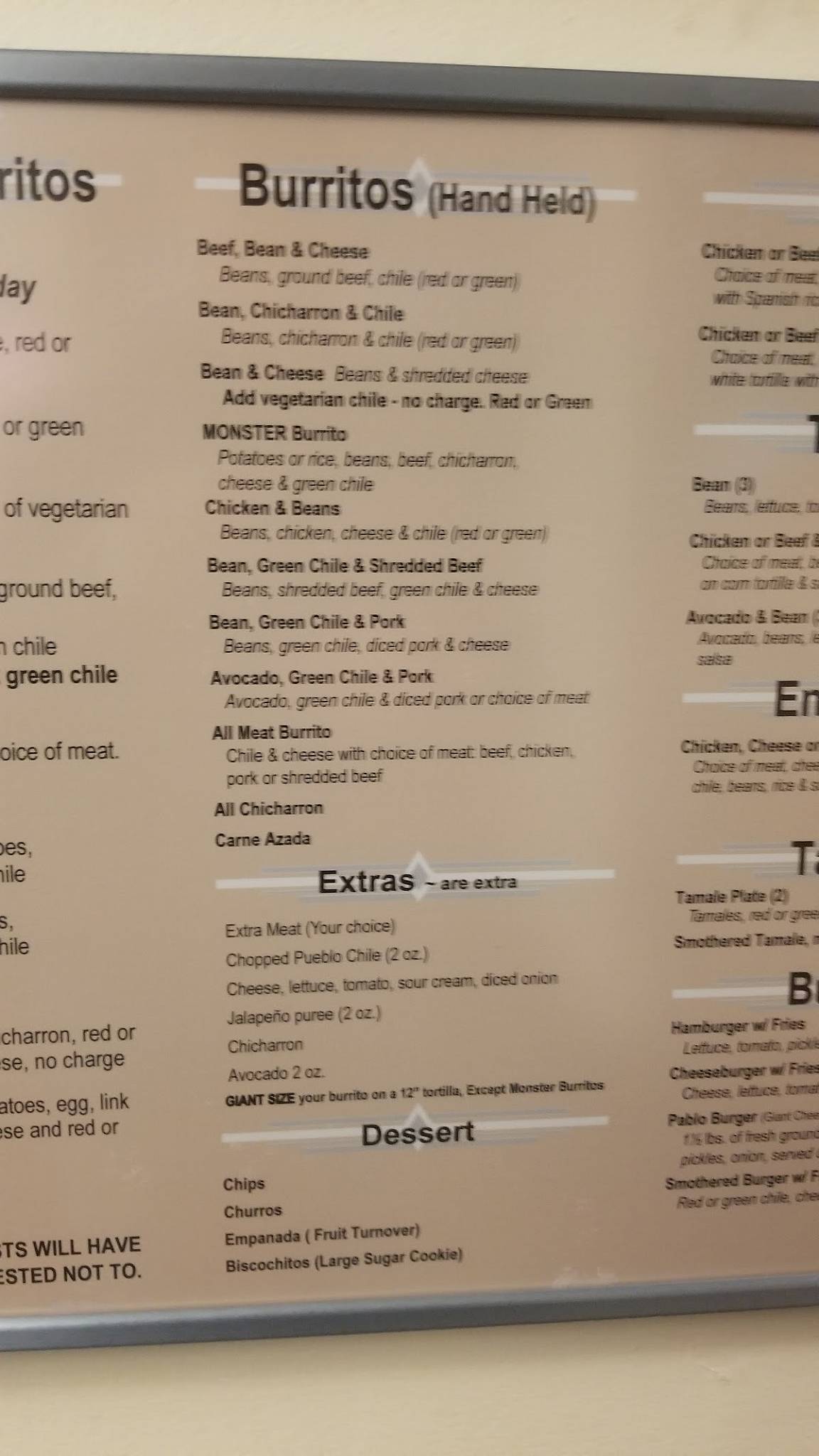 Menu at Burrito's Betty restaurant, Pueblo