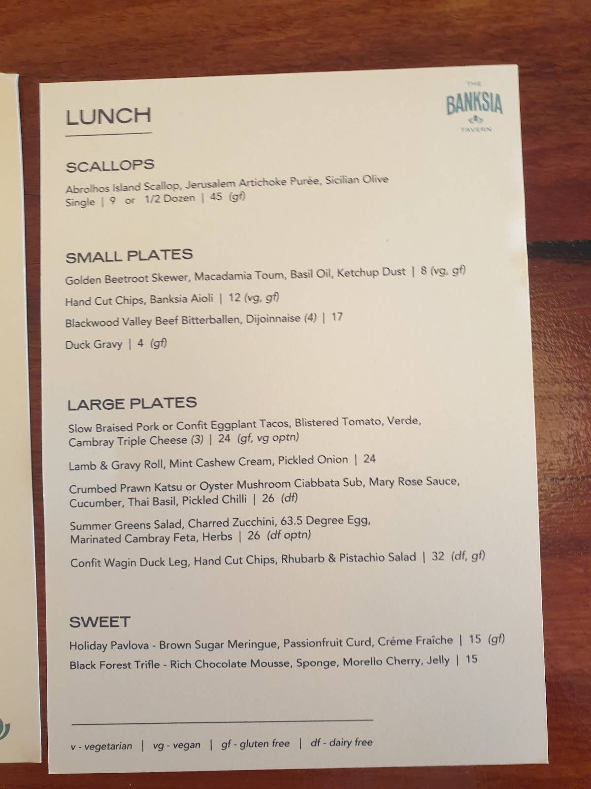 Menu at The Banksia Tavern restaurant, Busselton