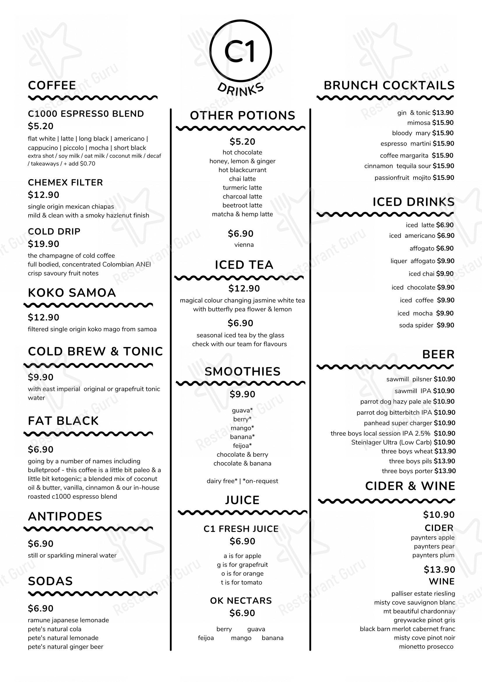 Menu at C1 Espresso cafe, Christchurch, Old Post & Telegraph