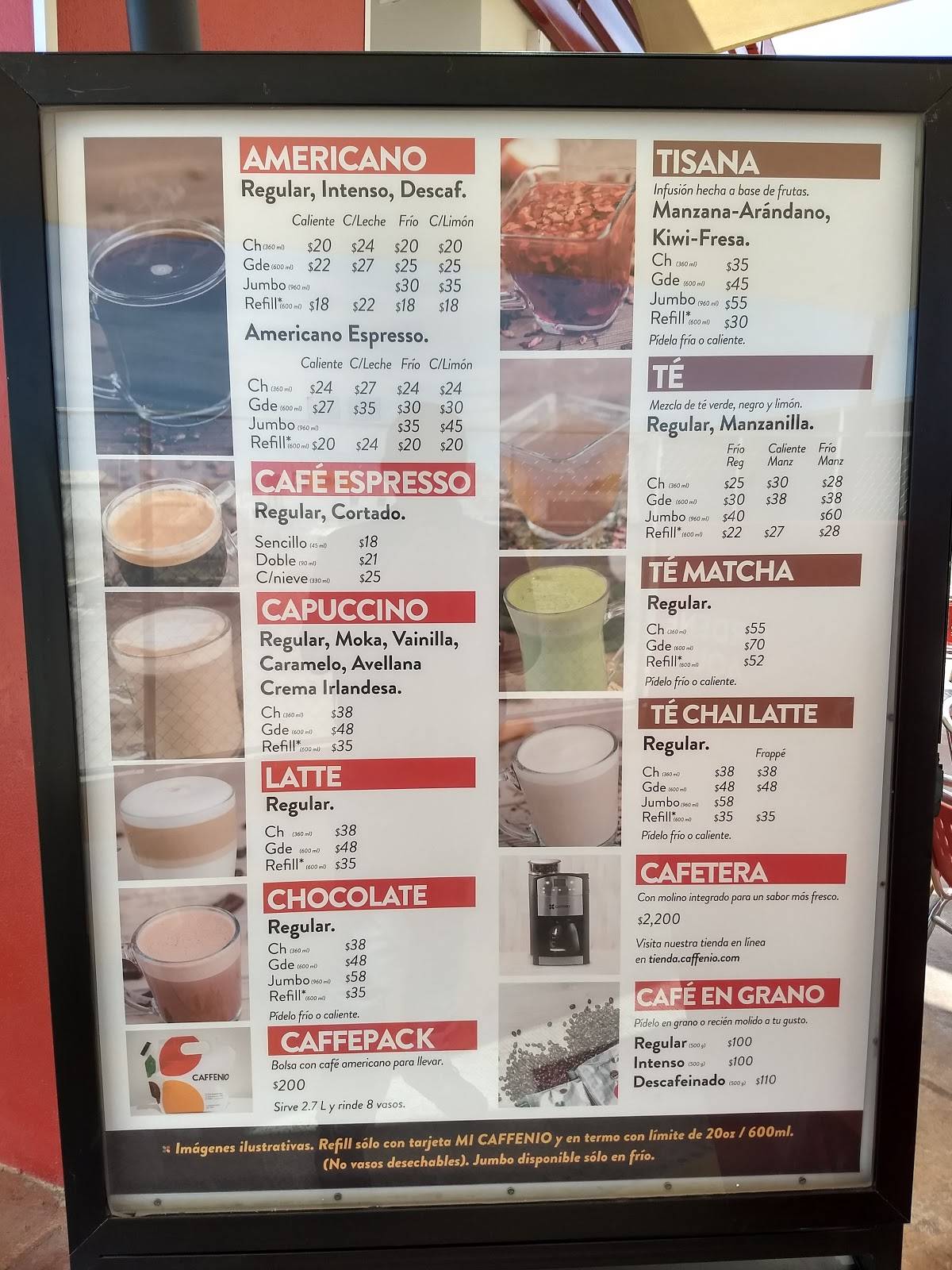 Carta de cafetería Caffenio Fuentes Mares, Chihuahua