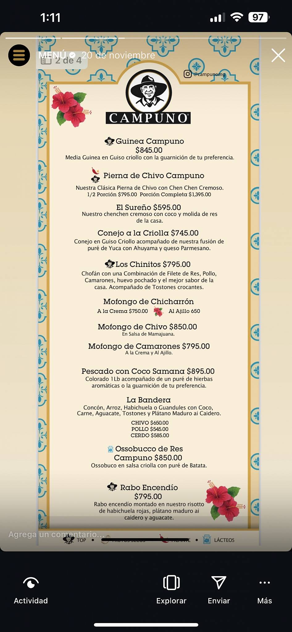 Menu at CAMPUNO restaurant, Santiago De Los Caballeros
