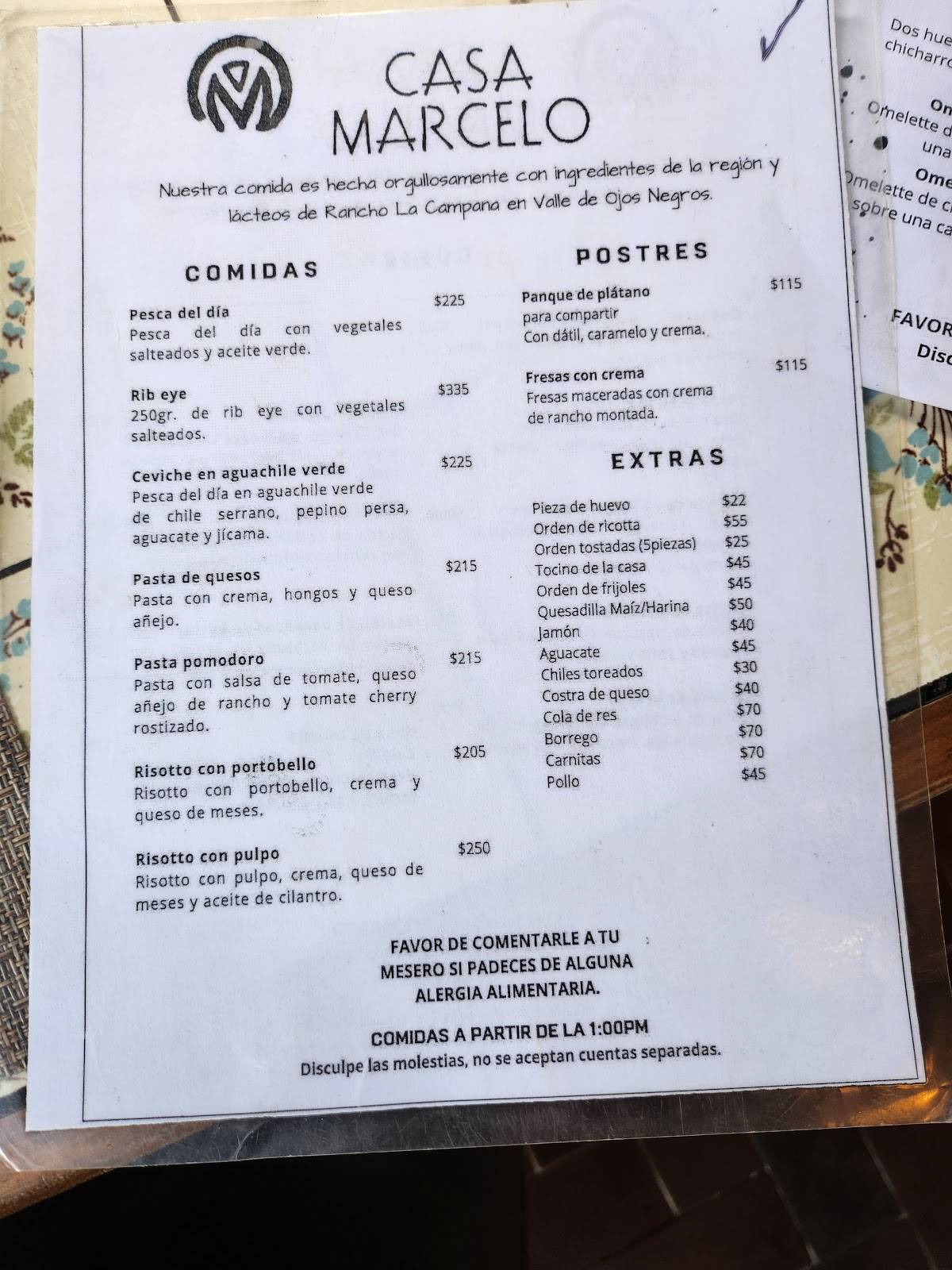 Carta del restaurante Casa Marcelo, Ensenada