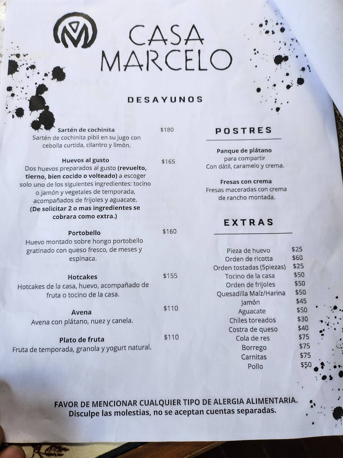 Carta del restaurante Casa Marcelo, Ensenada