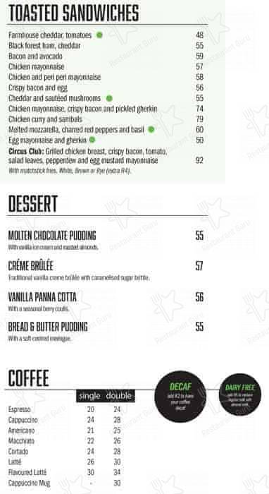 Menu at Circus Circus Gateway restaurant, Durban North, Shop G020