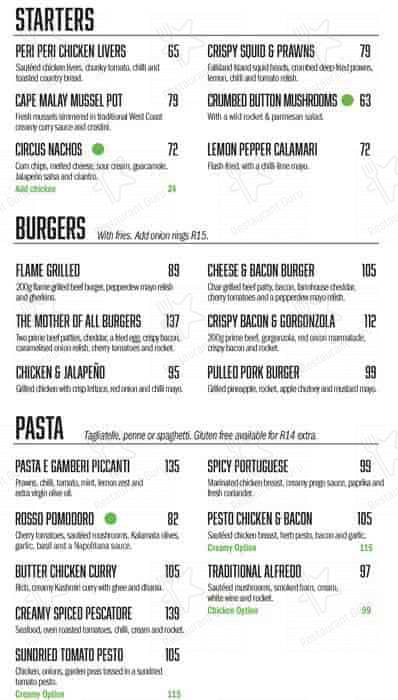 Menu at Circus Circus Gateway restaurant, Durban North, Shop G020