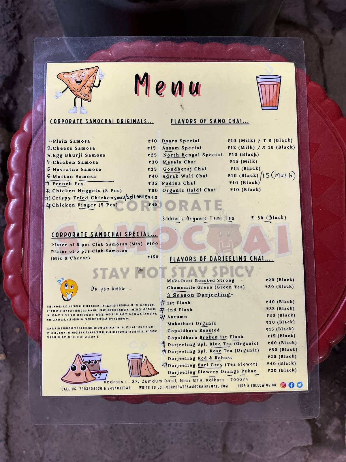 Menu at CORPORATE SAMOCHAI, South Dum Dum