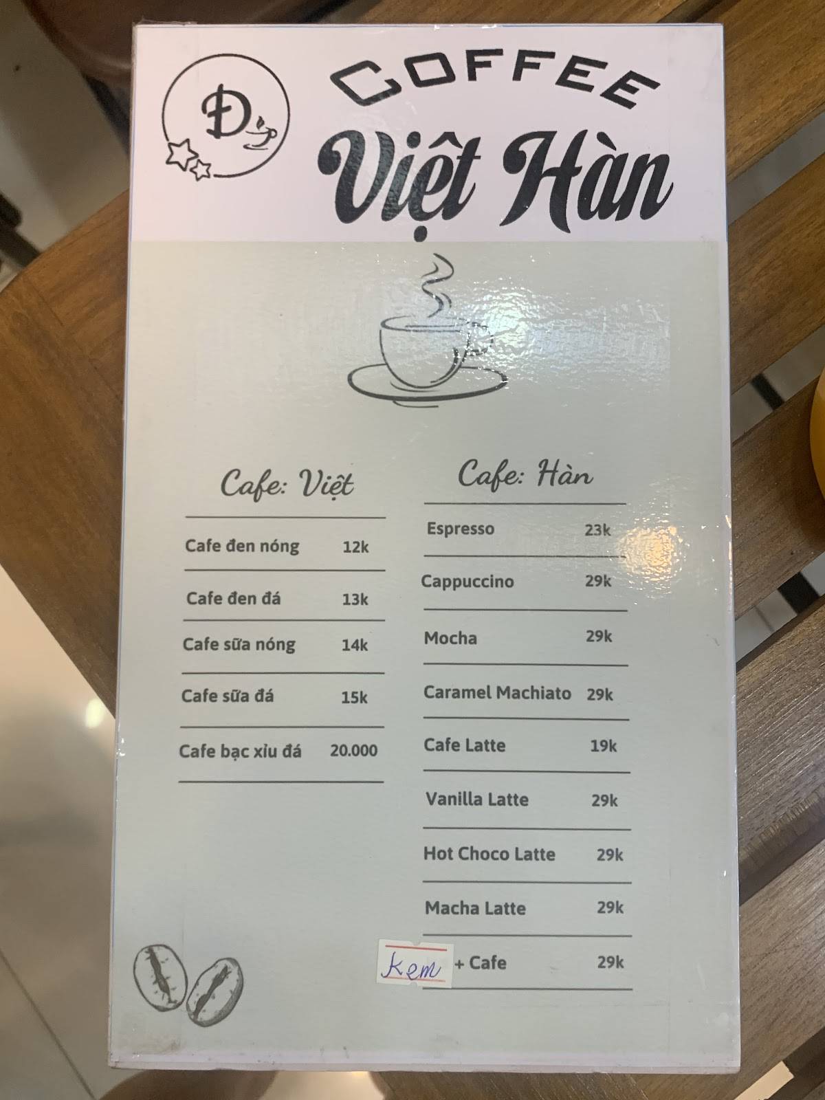 Menu at Cà phê Việt -Hàn, Ninh Hòa