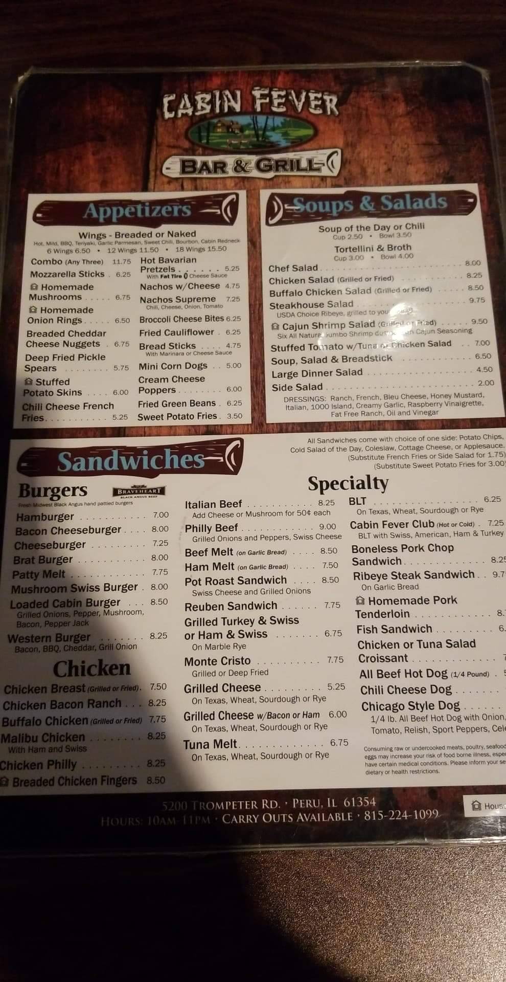 Menu at Cabin Fever Bar & Grill, Peru