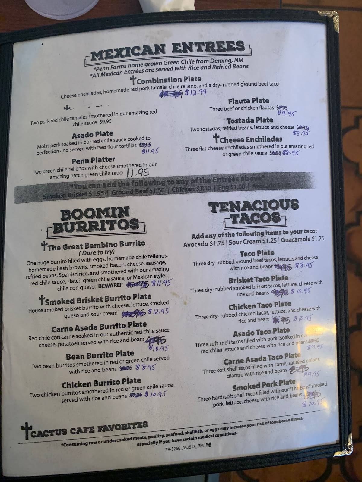 Menu at Cactus Cafe, Deming
