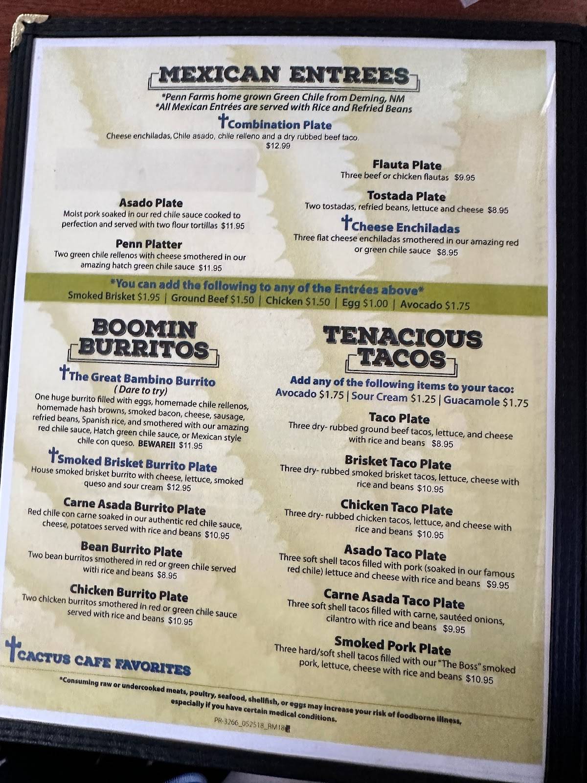 Menu at Cactus Cafe, Deming