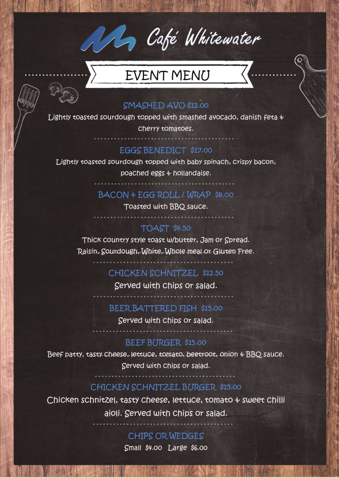 Menu at Café Whitewater cafe, Castlereagh