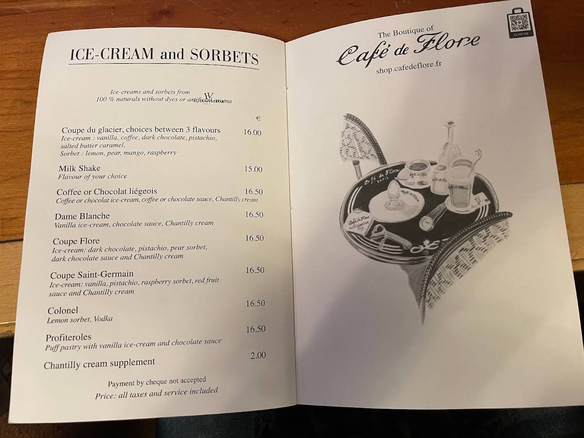 Menu at Café de Flore, Paris, 172 Bd Saint-Germain